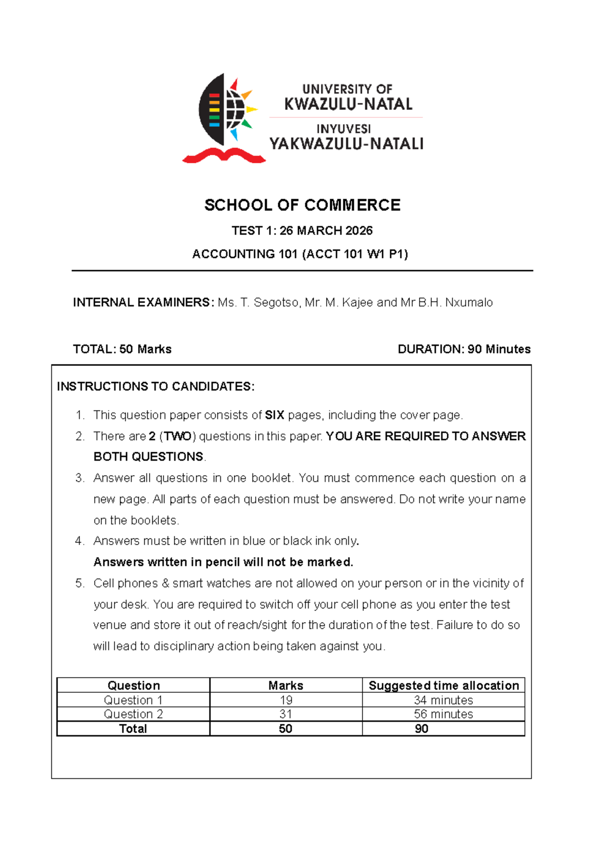 ACCT 101 W1 P1 TEST 1: 26 MARCH 2026 - EXAM QUESTIONS & INSTRUCTIONS ...