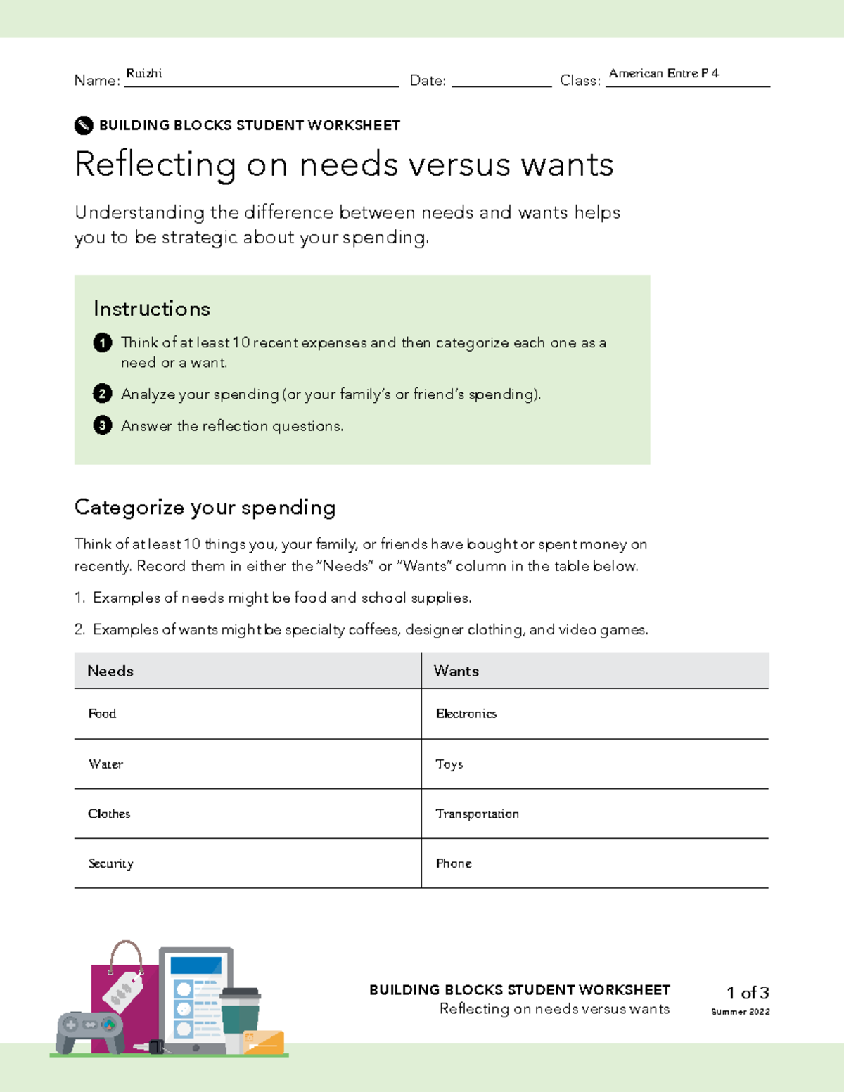 Cfpb building block activities reflecting-needs-versus-wants worksheet ...