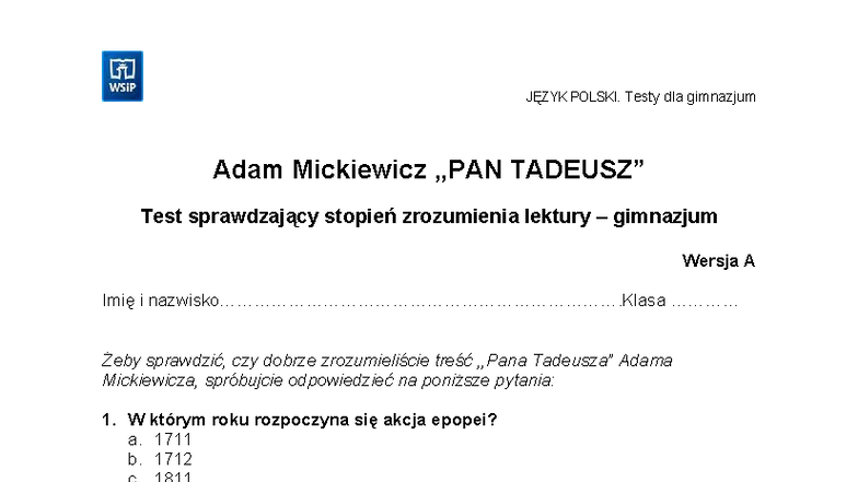J ZYK POLSKI. Testy dla gimnazjum - Adam Mickiewicz "Pan" Wersja A i B ...
