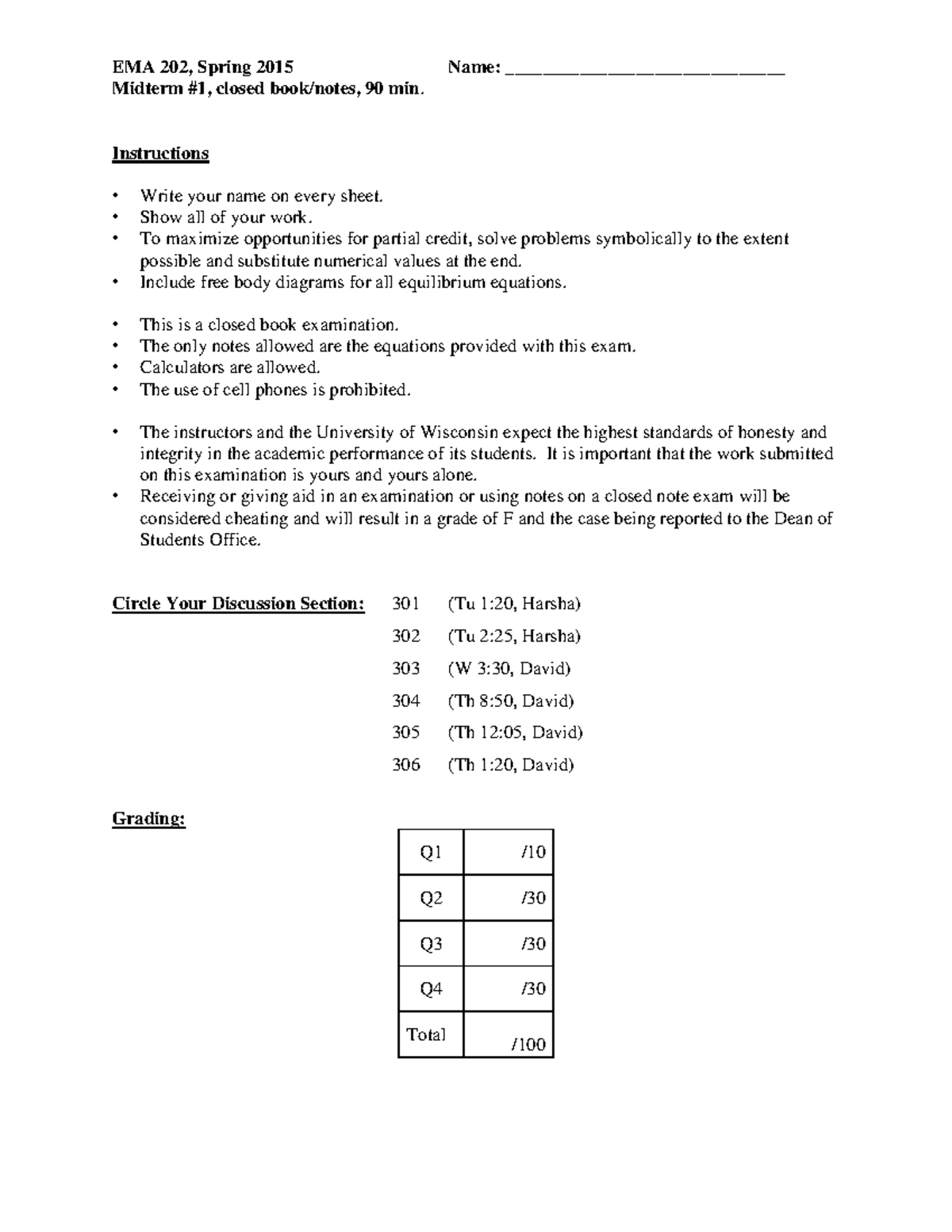 EMA 202, Spring 2015 Midterm Exam I Instructions and Questions - Studocu