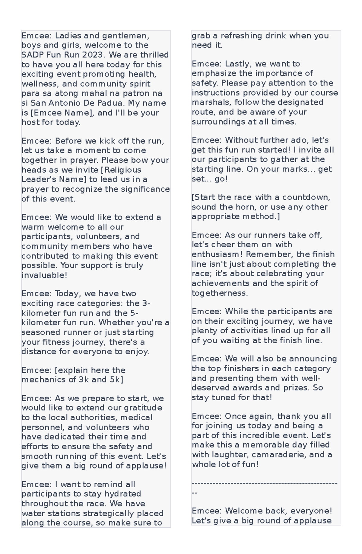 Script fun run - fun run event - Emcee: Ladies and gentlemen, boys and ...