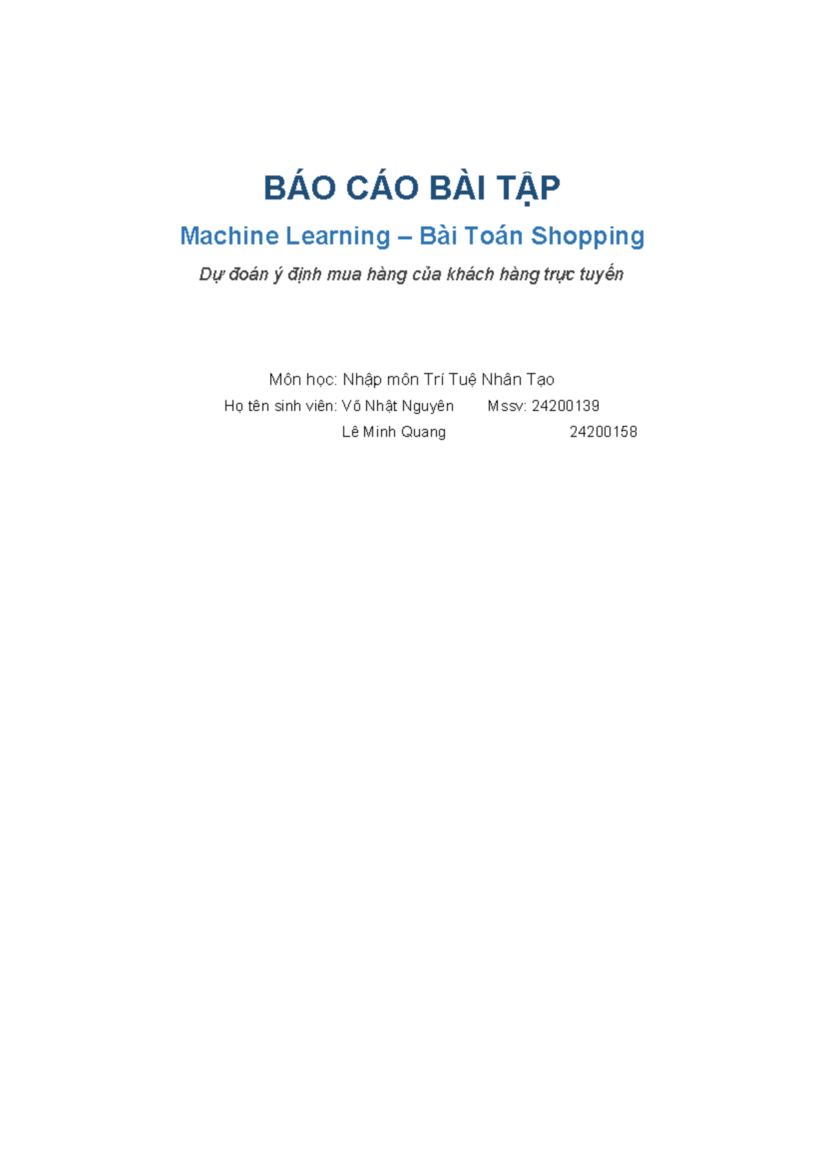 Báo Cáo Bài Tập Machine Learning: Dự Đoán Ý Định Mua Hàng (AI101) - Studocu