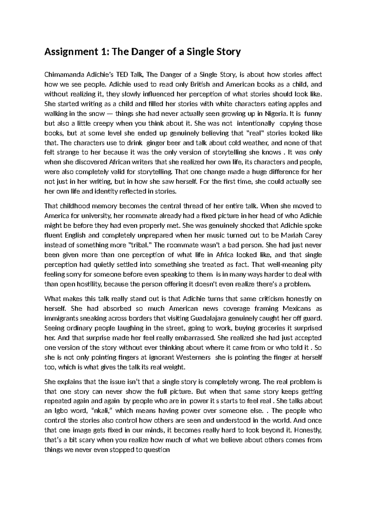 Social Assignment 1.1: Analyzing Adichie's "The Danger of a Single ...