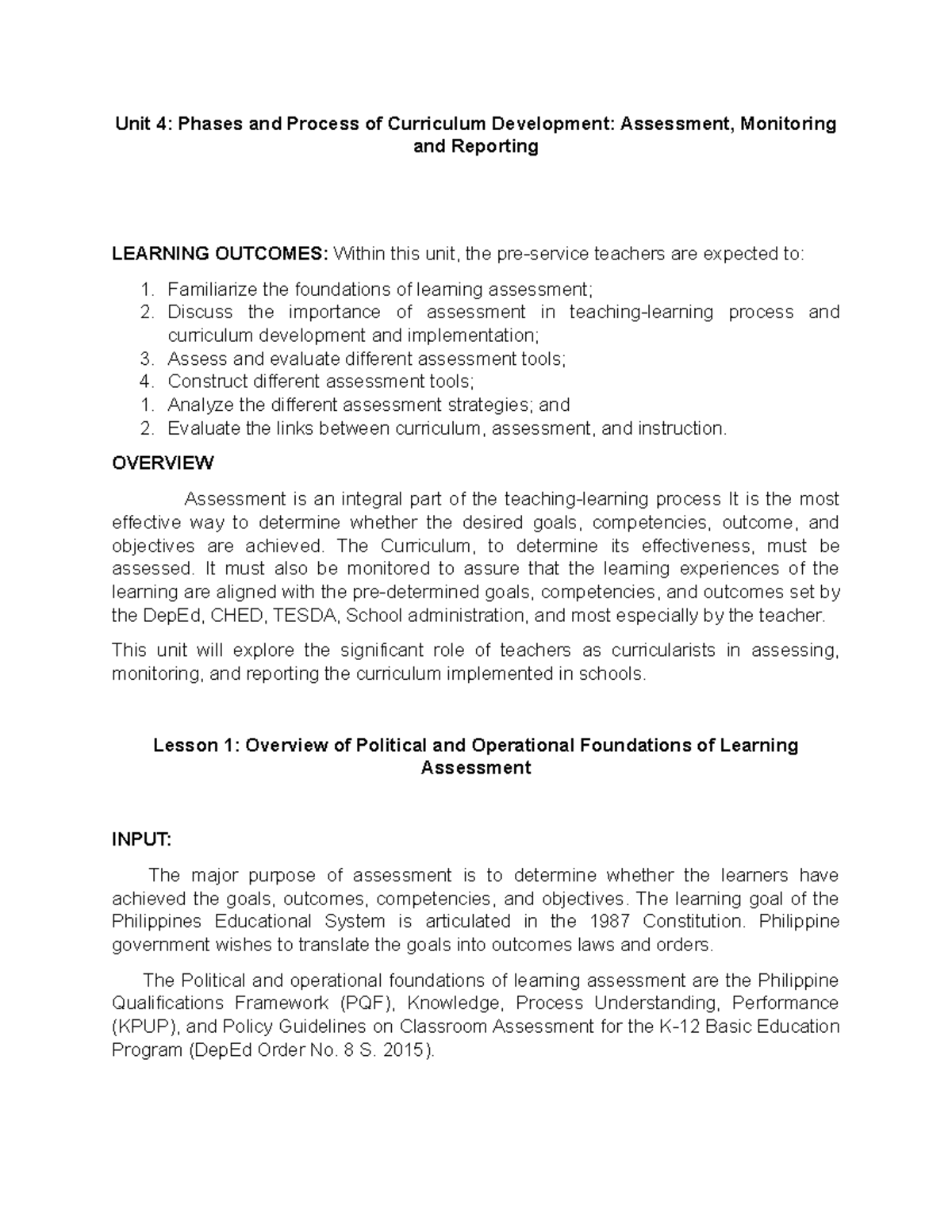 EDUC106 Unit 4: Curriculum Development - Assessment & Monitoring Guide ...