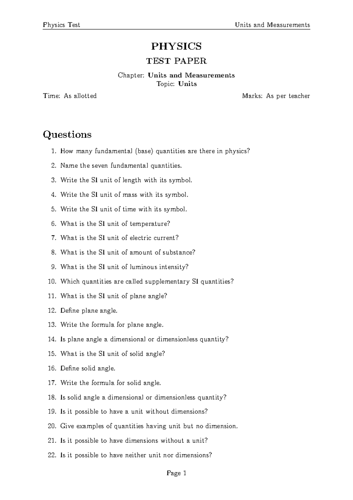 Physics Test Paper: Units and Measurements (PHYSICS TEST) - Studocu