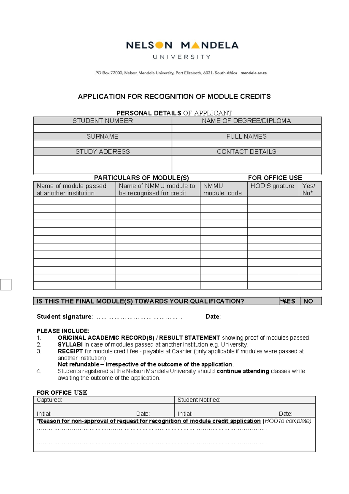 Blank Form - Application for Recognition of Module Credits 2026 - Studocu