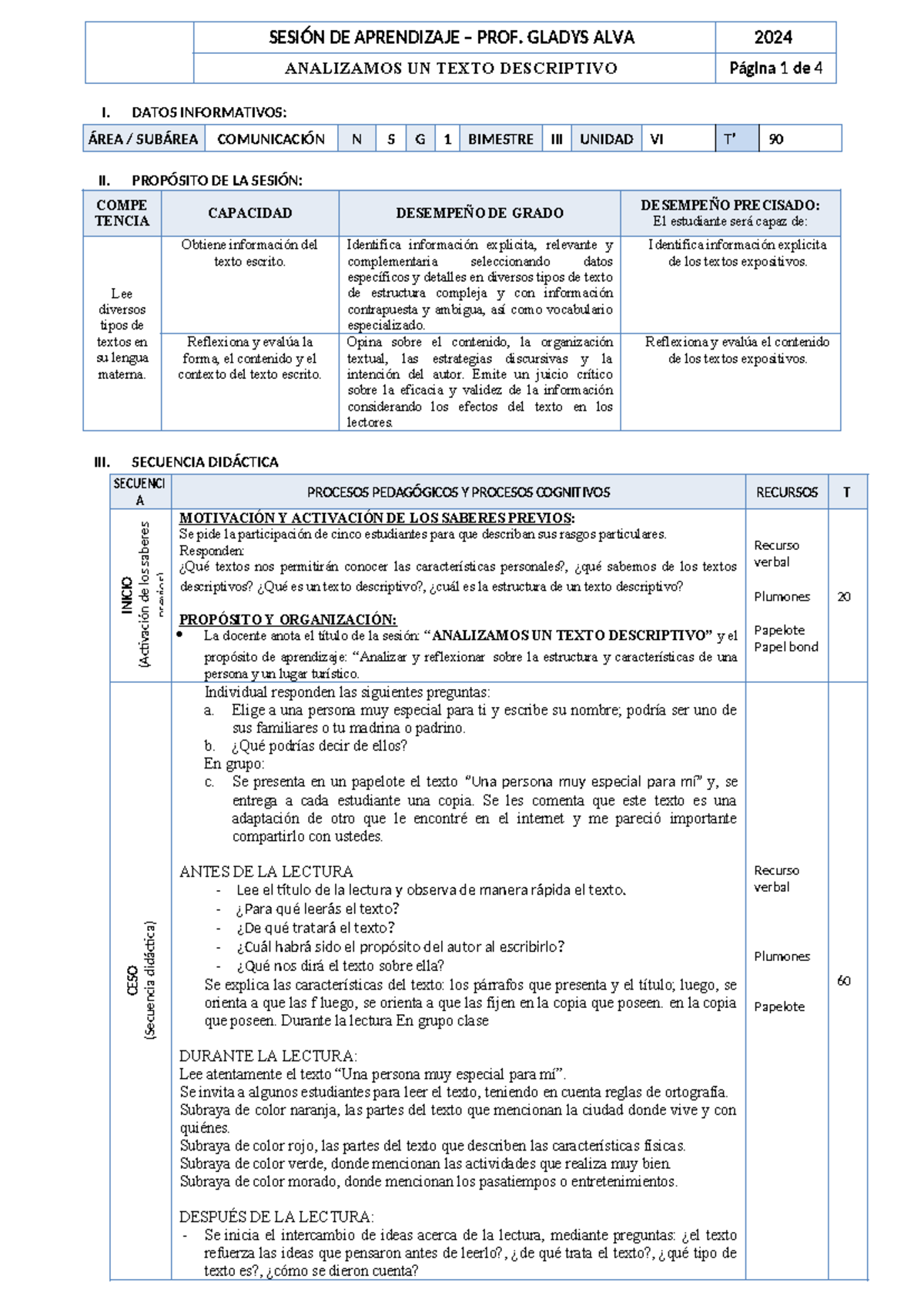 S2 Leemos Un Texto Descriptivo Sesión De Aprendizaje Prof Gladys