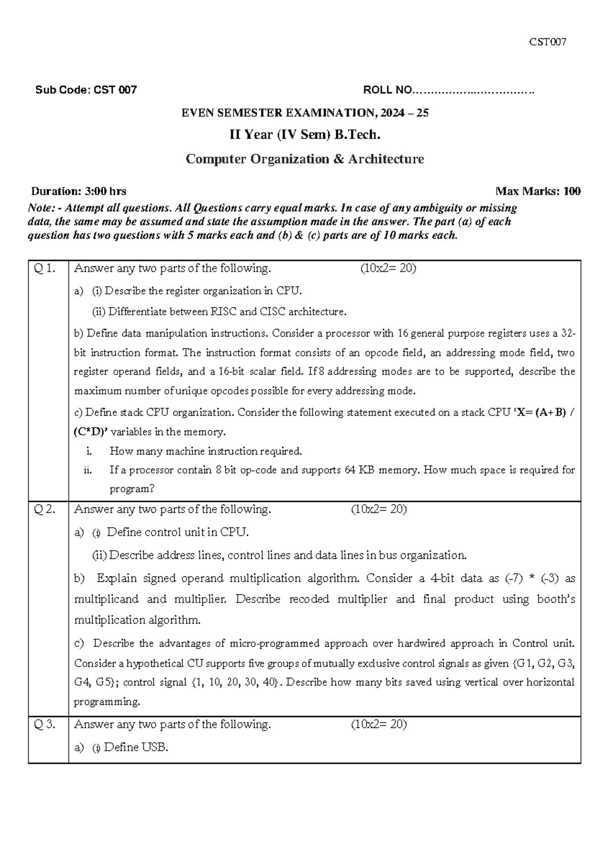 CST007 Final Exam: Computer Organization & Architecture 2024-25 - Studocu