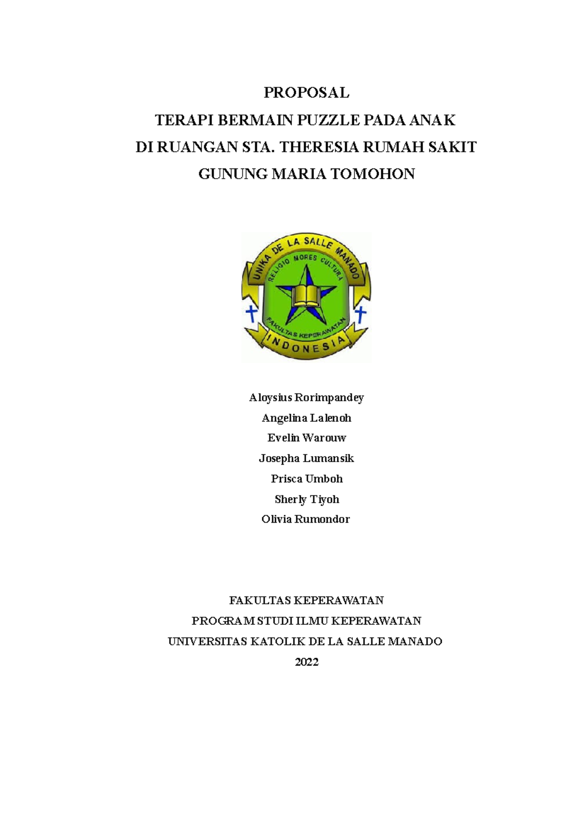 Proposal Terapi Bermain Puzzle untuk Anak di RS Gunung Maria - Studocu