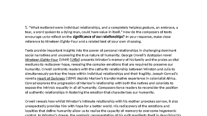 1984 Essay Analysis: Exploring Relationships and Humanity - Studocu