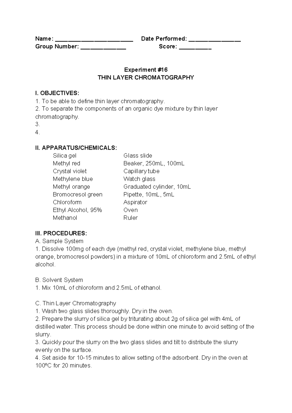 Anachem 16 - Lab Manual for Thin Layer Chromatography Experiment - Studocu