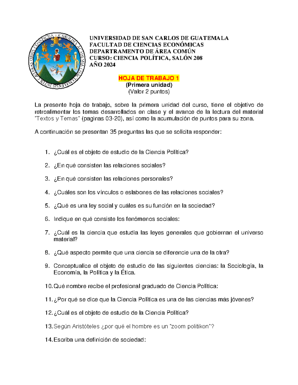 Hoja de Trabajo 1 - Ciencia Política (Curso: CIENCIA POLÍTICA 2024 ...