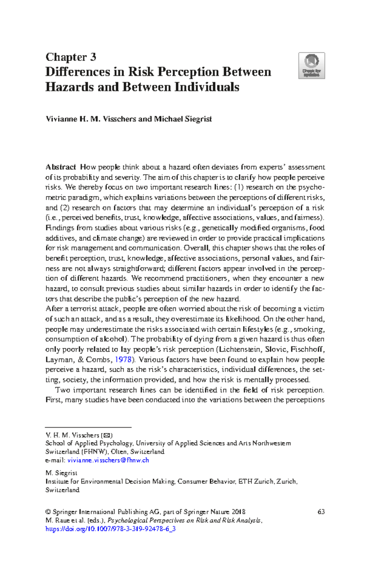 Chapter 3: Differences in Risk Perception Between Hazards & Individuals ...