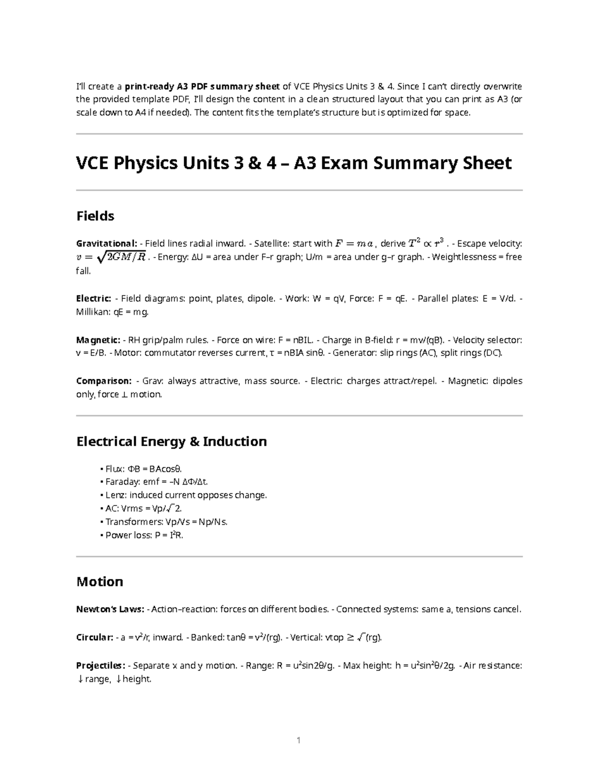 VCE Physics Units 3 & 4 A3 Exam Summary Sheet - Studocu