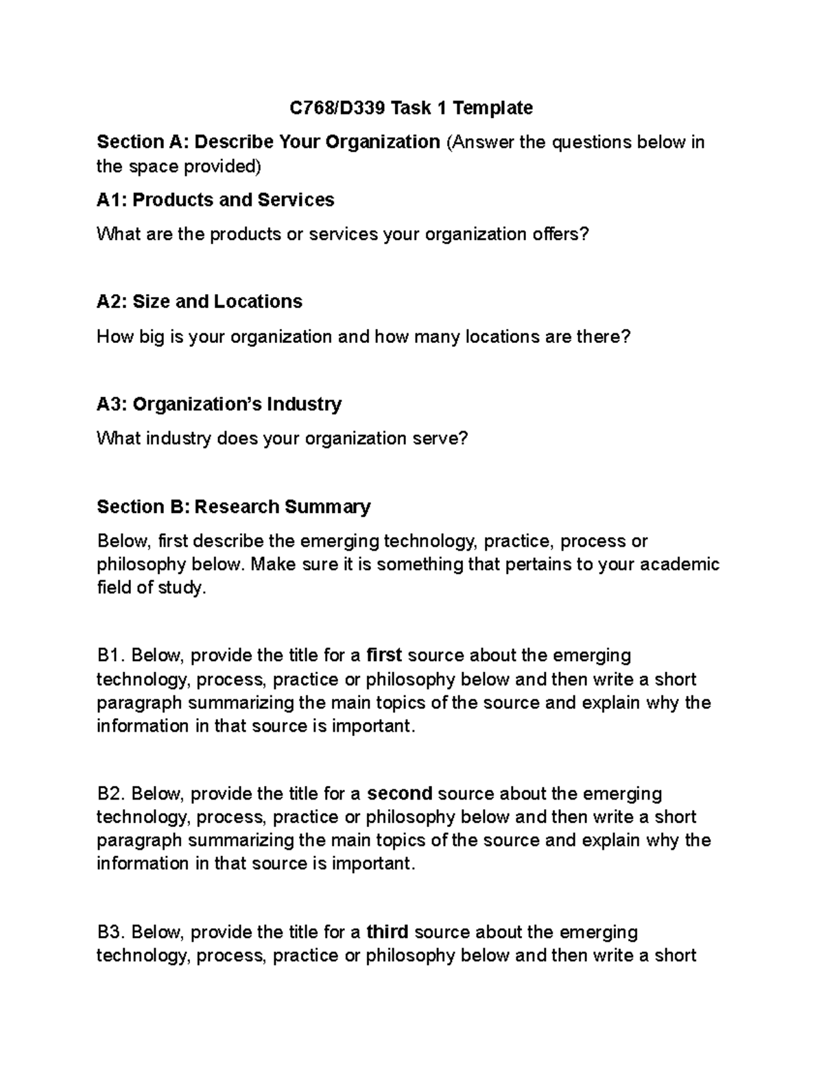 C768 Task 1 Template - for Students - C768/D339 Task 1 Template Section ...