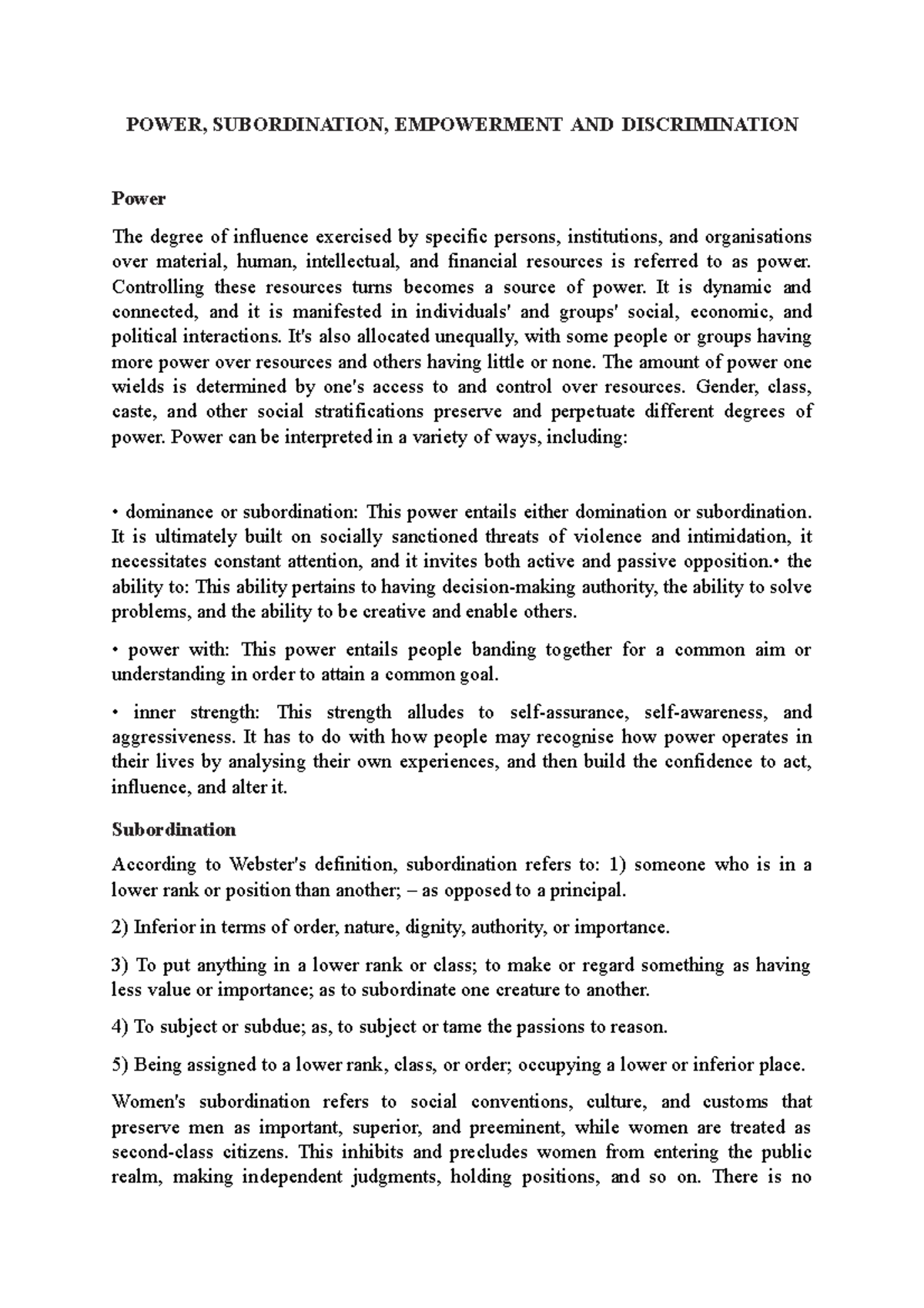 Empowerment, Power Dynamics, Subordination & Discrimination Analysis ...