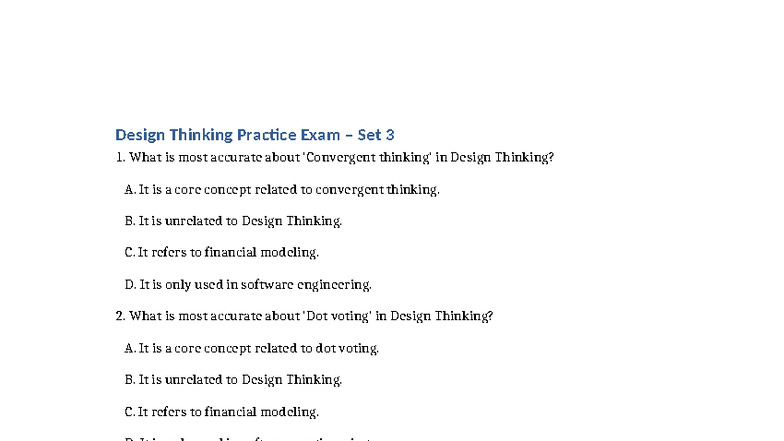 Design Thinking Practice Exam Set 3 - Answer Key - Studocu