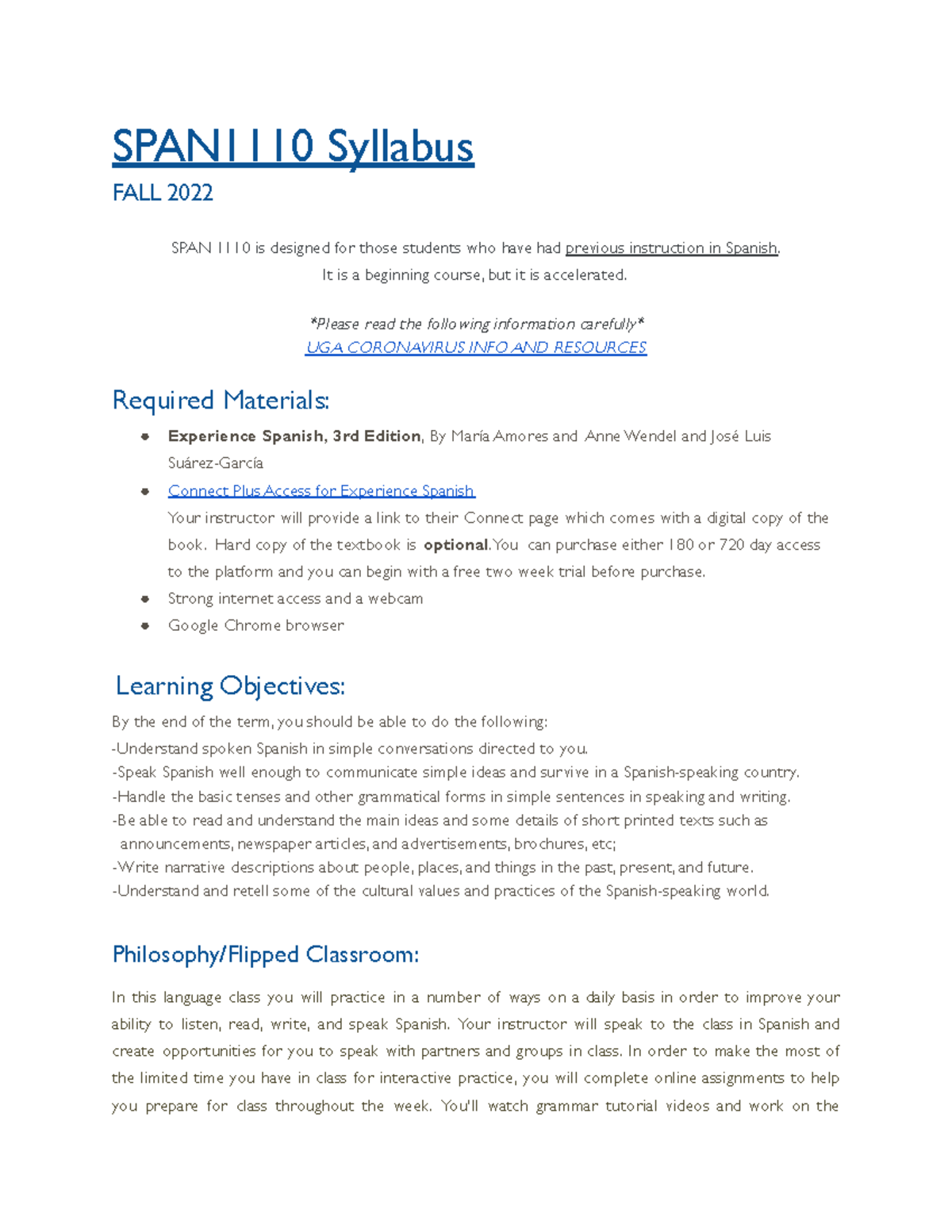 Syllabus SPAN 1110: Accelerated Spanish Course for Fall 2022 - Studocu
