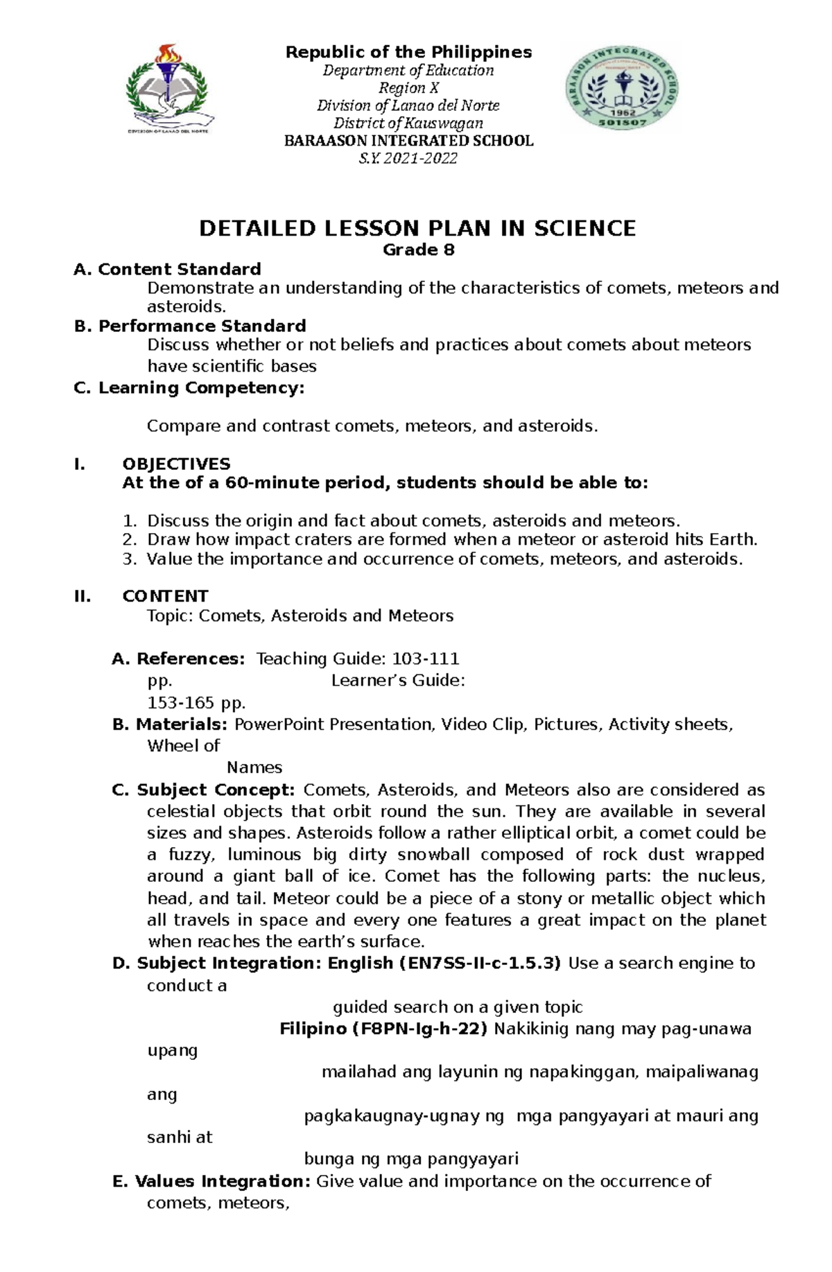 Detailed Lesson Plan - Grade 8 Science on Comets, Meteors, and ...