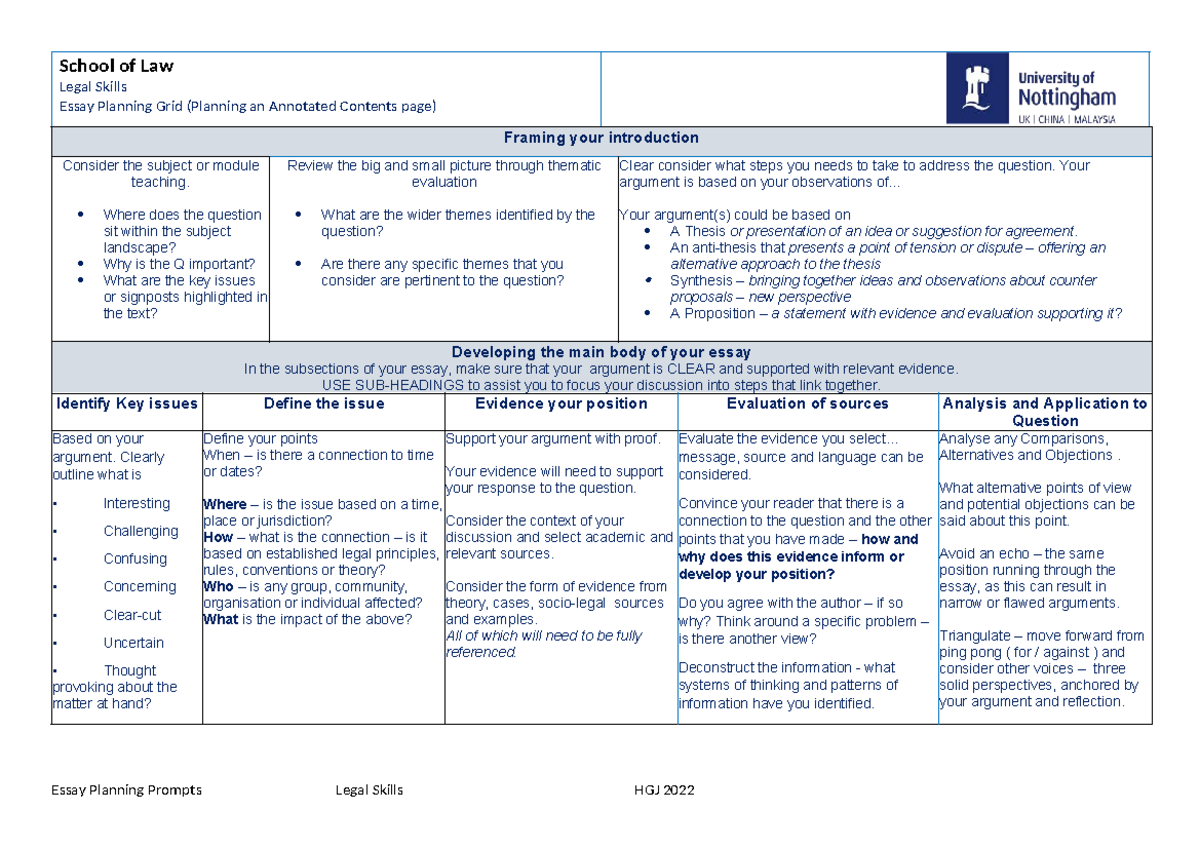 Legal Skills Essay Planning Grid - HGJ 2022 - Studocu
