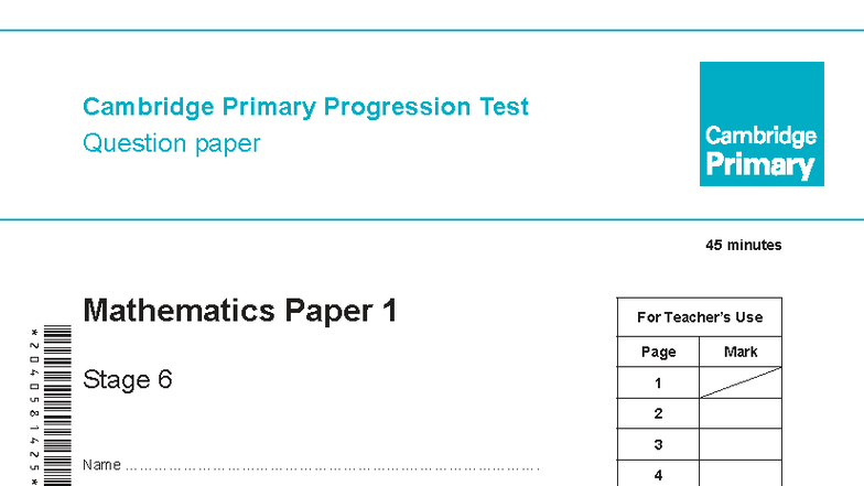 Cambridge Primary Progression Test: Mathematics Paper 1 (Stage 6) - Studocu