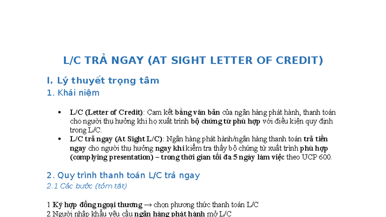 TRẢ NGAY (AT SIGHT LC) - LÝ THUYẾT VÀ CÂU HỎI TRẮC NGHIỆM - Studocu