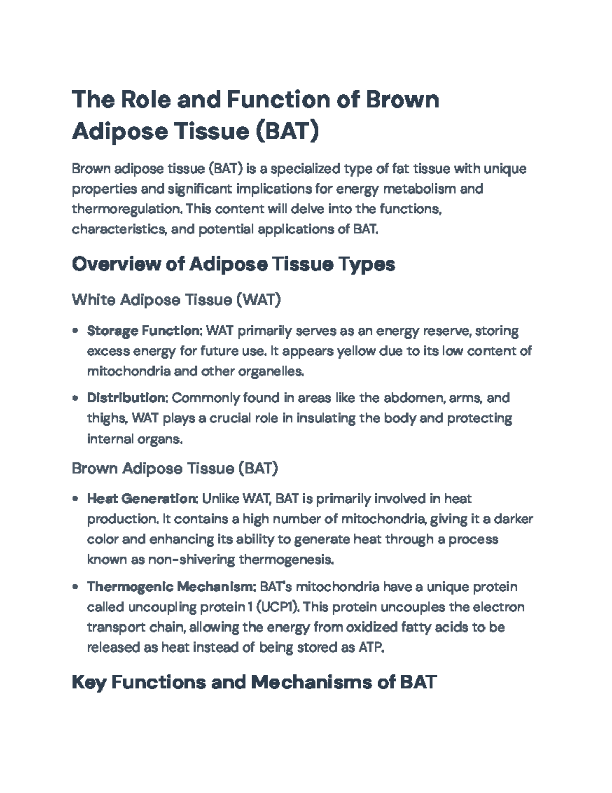Enhancing Understanding of Brown Adipose Tissue (BAT) Functions ...