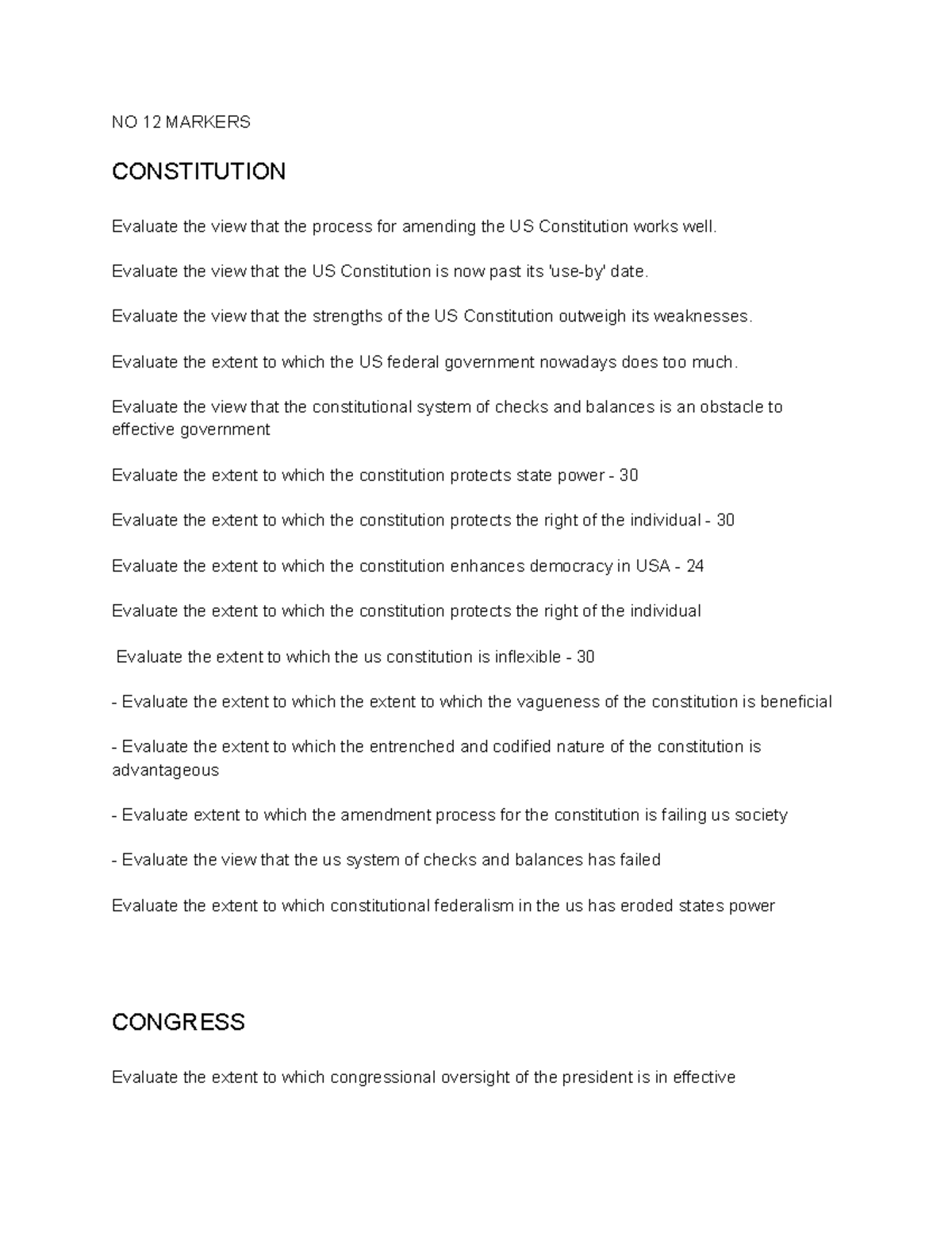 US Politics Essay Questions: Evaluating the Constitution & Congress ...
