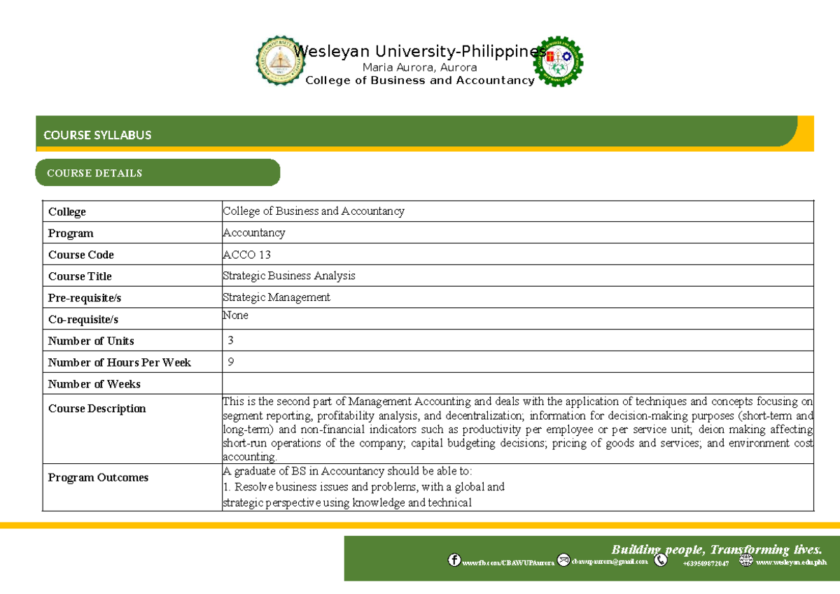 ACCO 13: Strategic Business Analysis Syllabus - Summer 2025 - Studocu