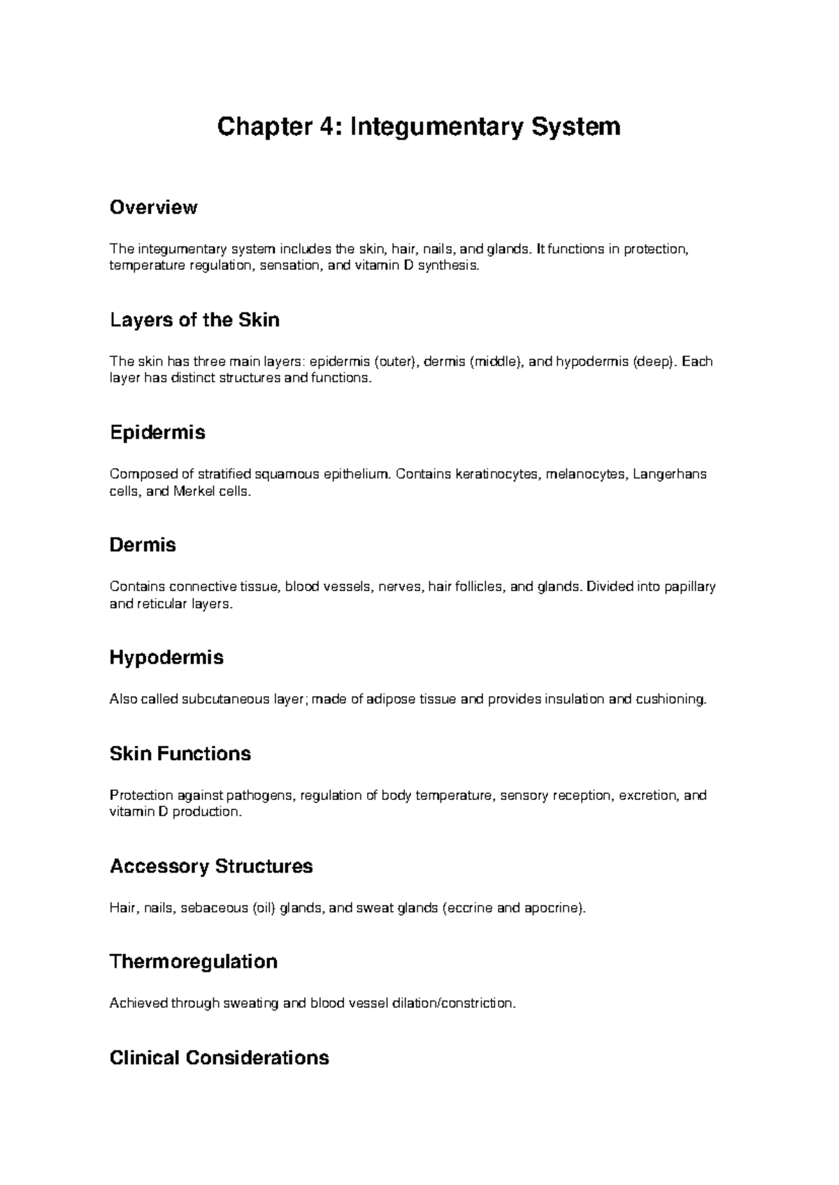 Chapter 4: Integumentary System Overview - Physiology Notes - Studocu