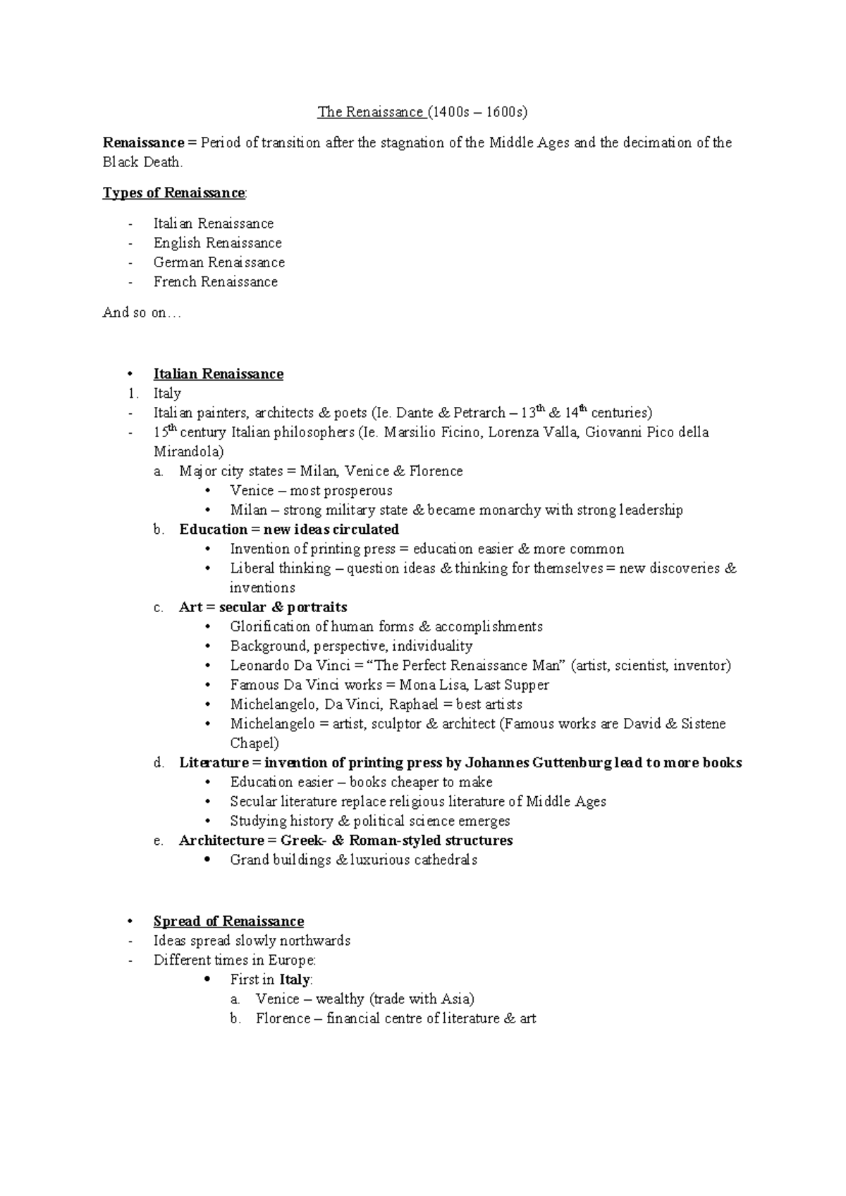 Renaissance Period (1400s-1600s) - Comprehensive Study Notes - Studocu