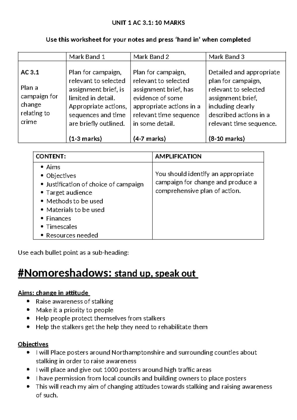 AC3.1 - Campaign Planning for Change: Stalking Awareness - Studocu