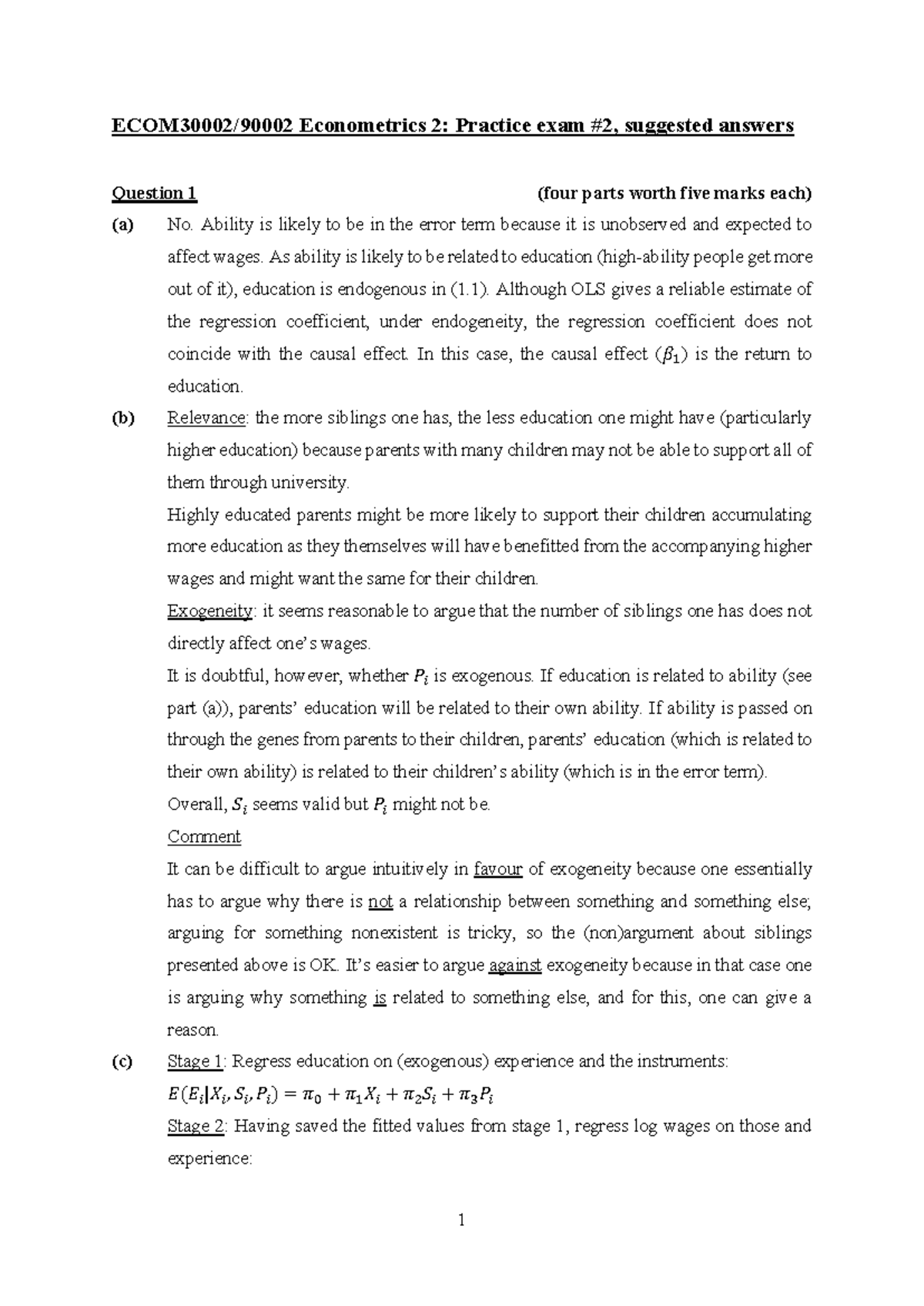 Suggested answers for practice exam 2 - ECOM30002/90002 Econometrics 2 ...