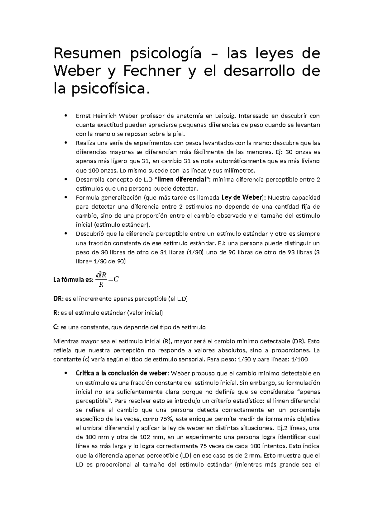 Resumen sobre las Leyes de Weber y Fechner en Psicofísica - Garret ...