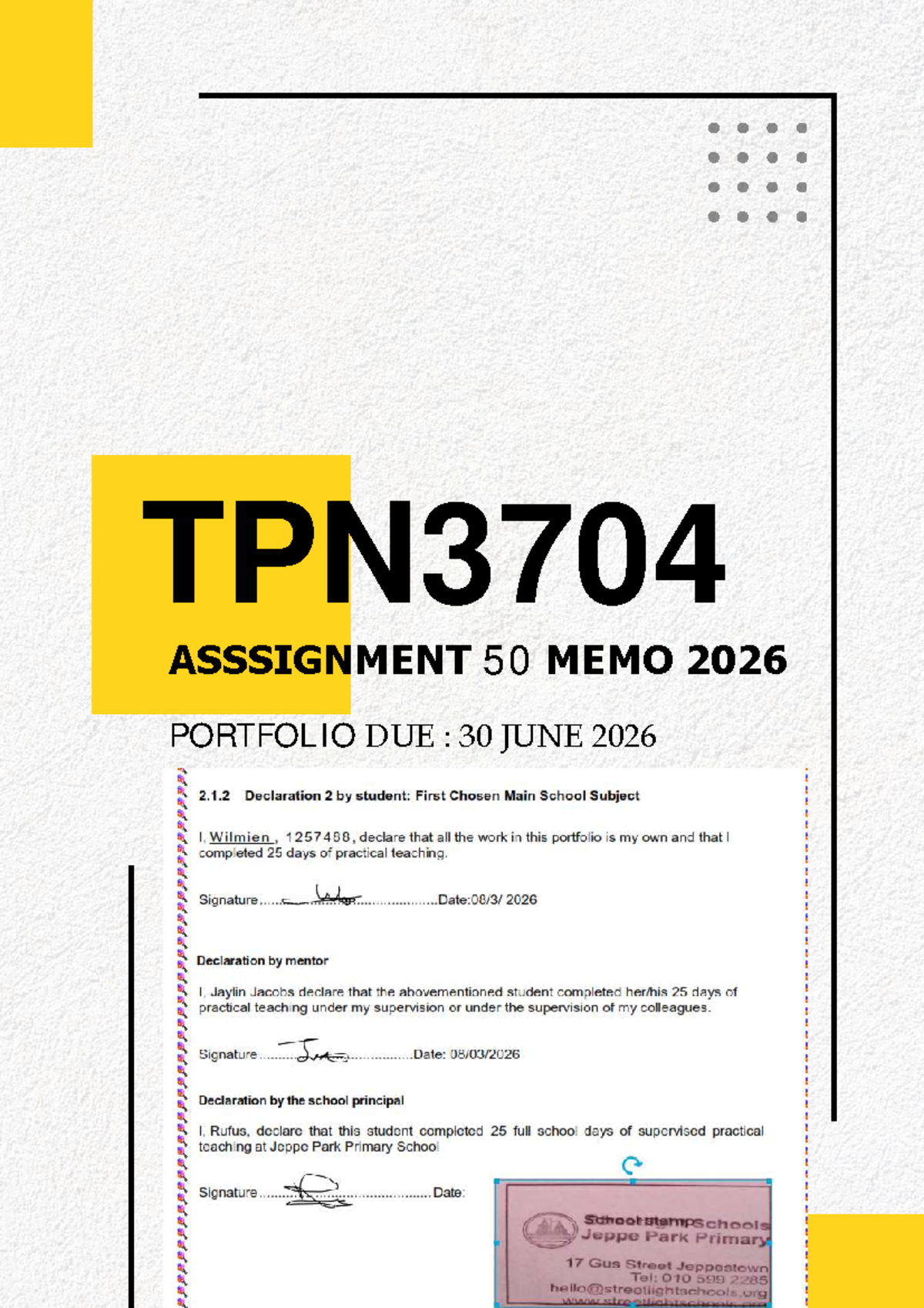 TPN3704 Teaching Practice Portfolio 2026 - Assignment 50 Details - Studocu