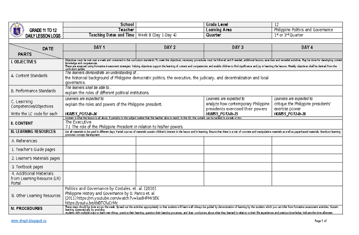 PPG 12: Week 8 Lesson Plan on The Executive Powers of the President ...