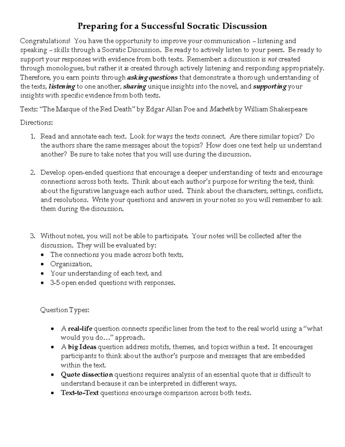 Socratic Discussion Directions & Rubric for Macbeth & The Masque of the ...