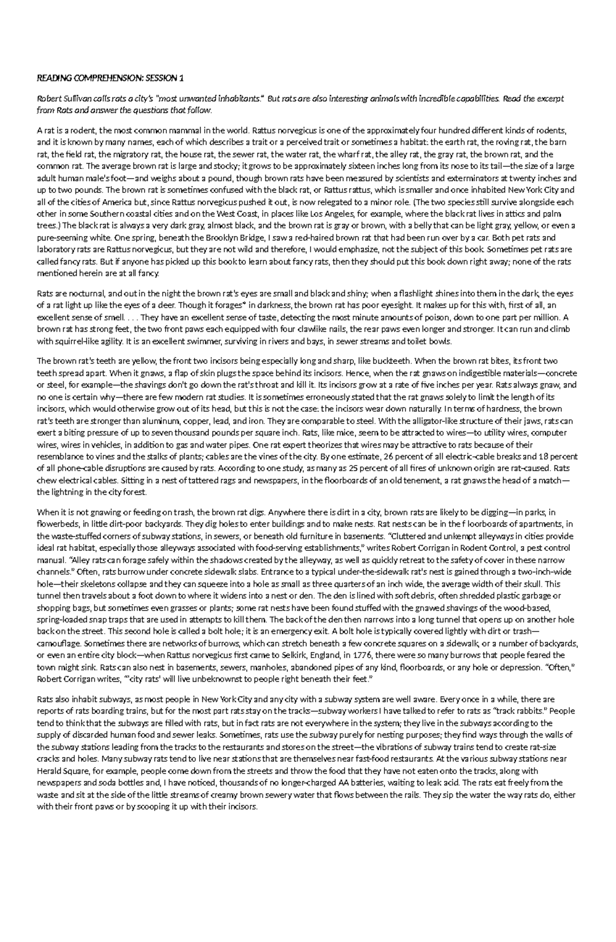 Reading Comprehension Grade 10: Rats and Their Urban Habitats - Studocu
