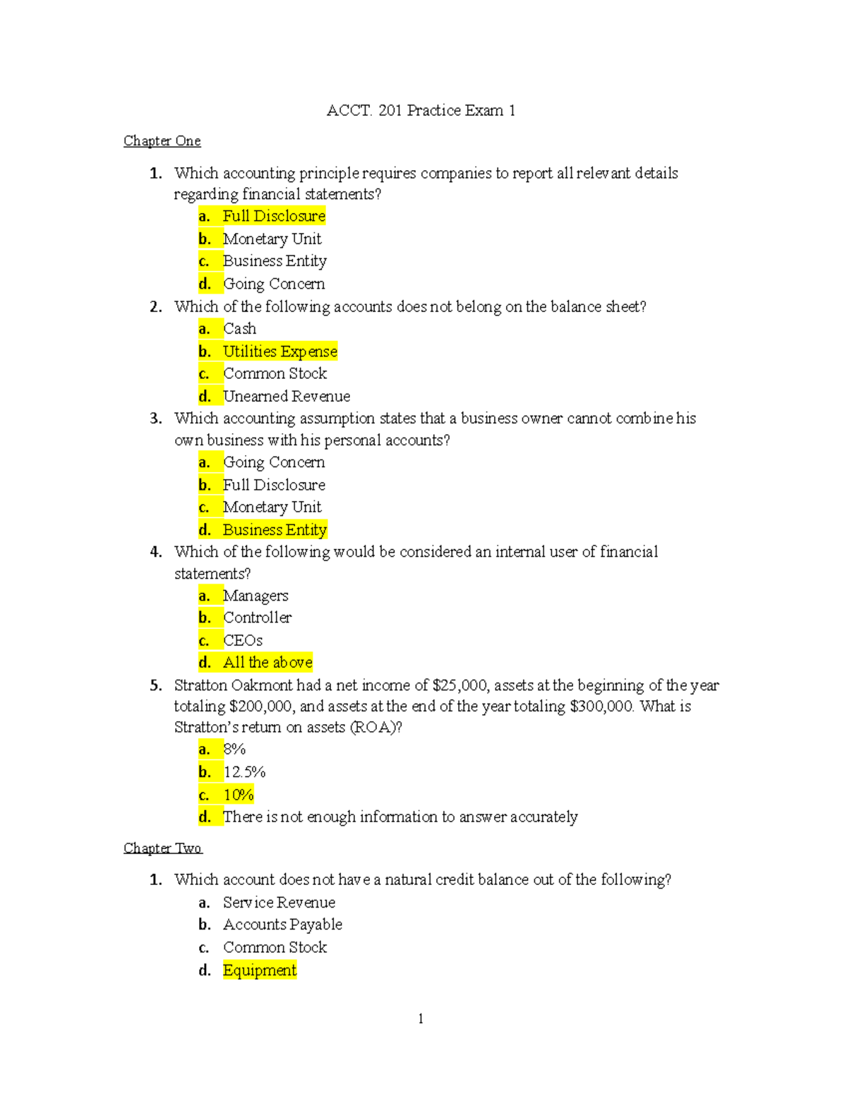 Acct 201 Comprehensive Practice Exam Review and Sample Questions - Studocu