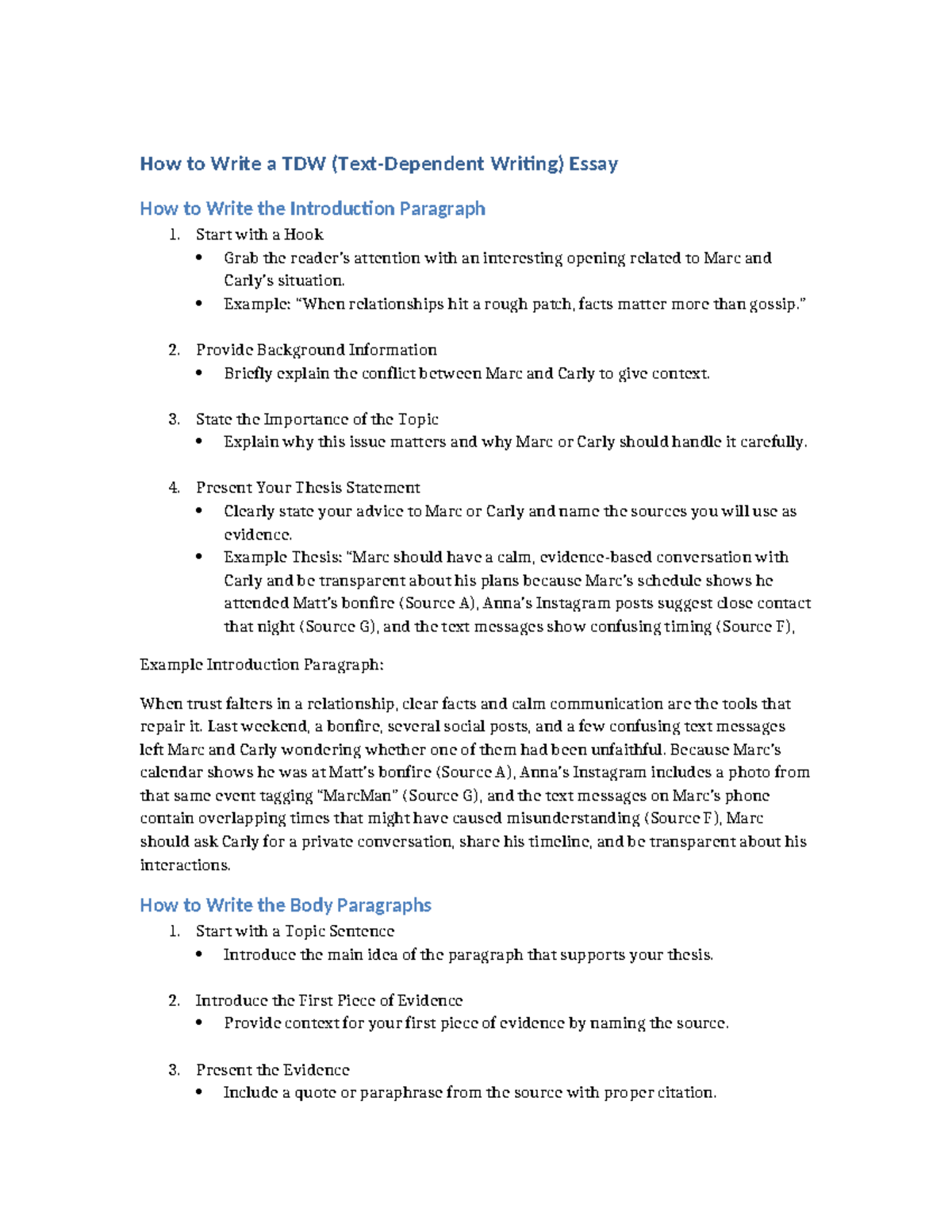 HS Drama TDW Essay Writing Instructions: Crafting Intro, Body ...