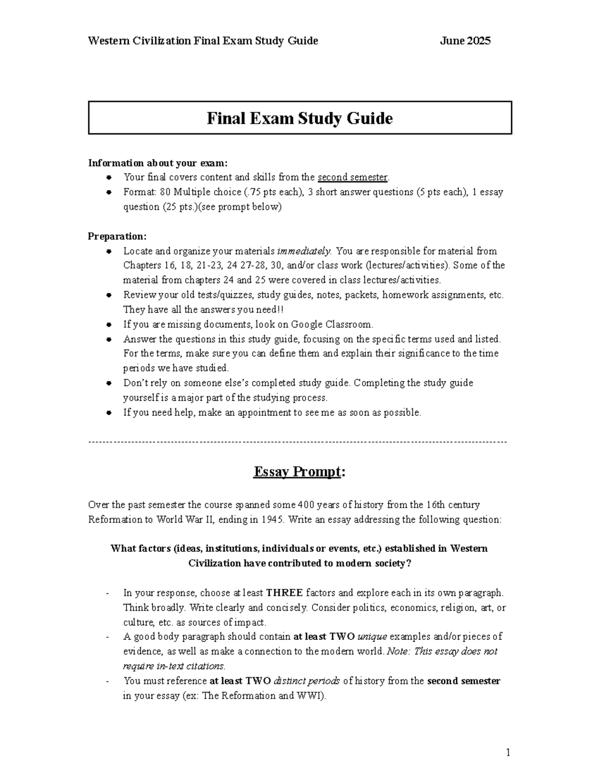 Western Civilization (HIST 101) Final Exam Study Guide - June 2025 ...