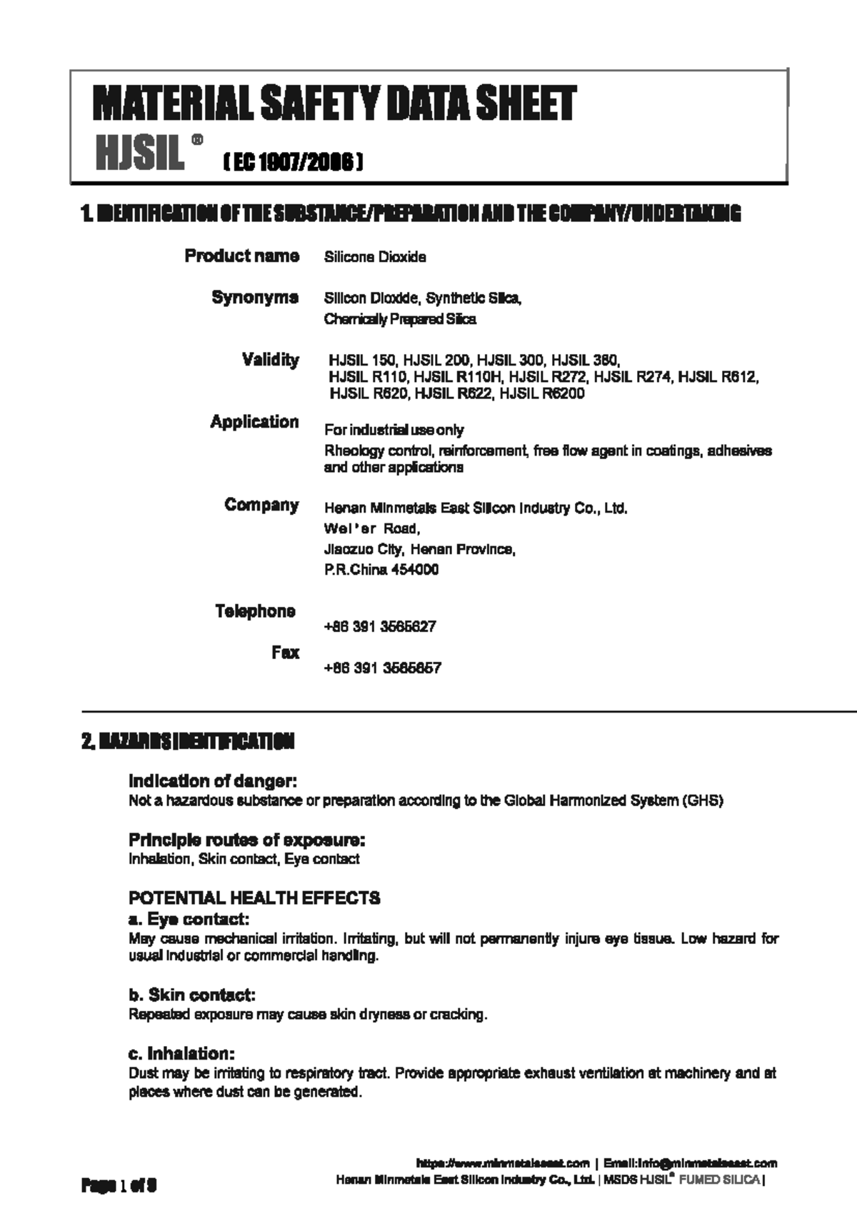 MATERIAL SAFETY DATA SHEET HJSIL 200: Fumed Silica Overview - Studocu