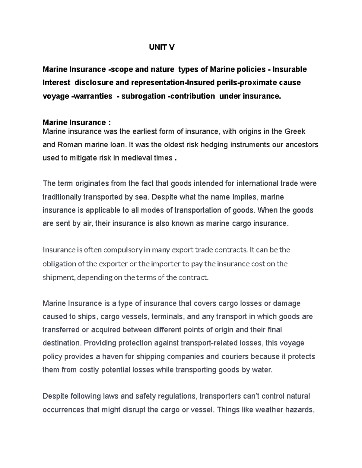 18BCO32C-U5 - Marine Insurance Study Notes and Principles - Studocu