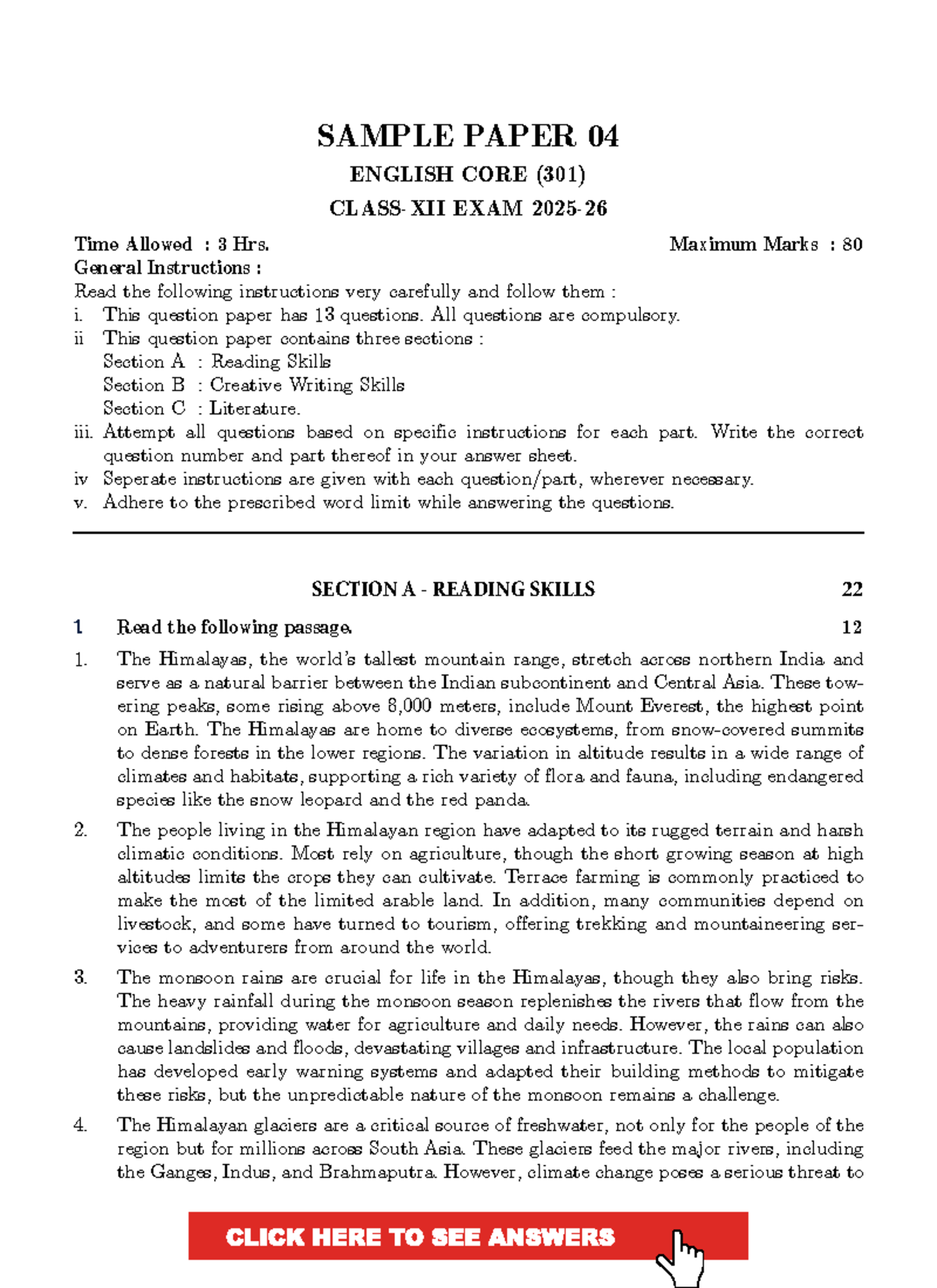 CBSE 12th English Core Sample Paper 04 - Comprehensive Exam Guide - Studocu