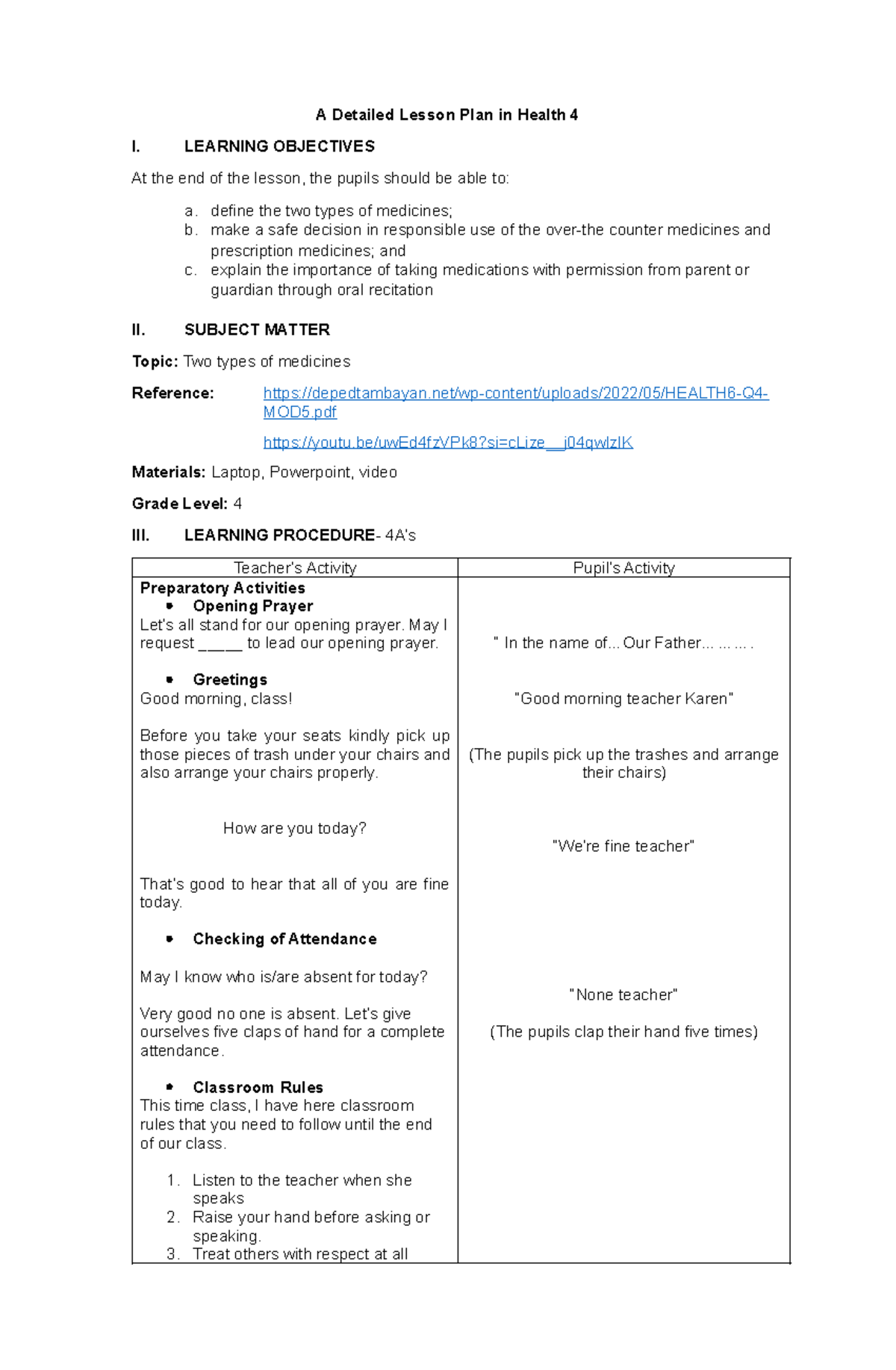 Health 4 Detailed Lesson Plan: Understanding Medicines and Their Use ...