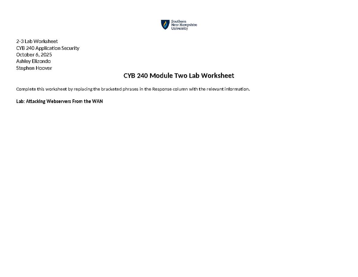 CYB 240 Module Two Lab Worksheet: Application Security Insights - Studocu