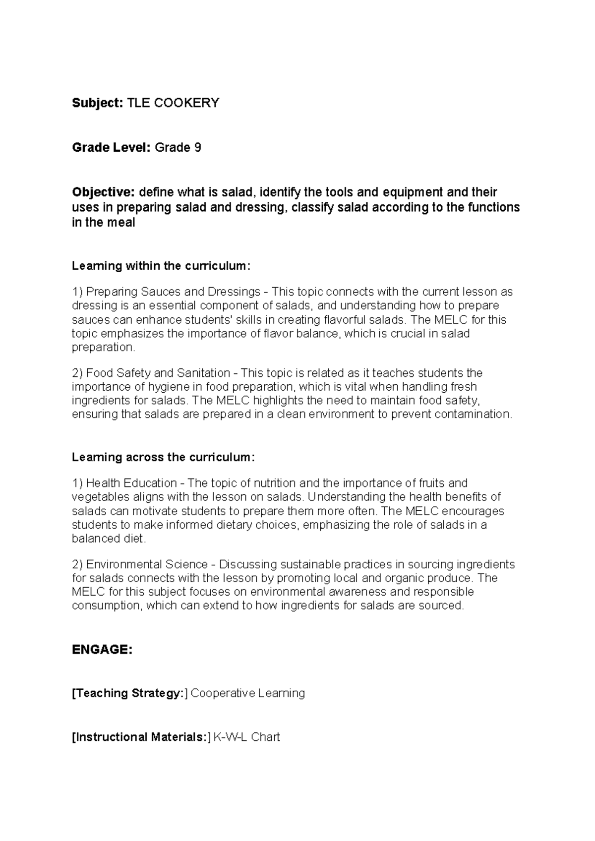 Lesson Plan for Grade 9 TLE: Exploring Salads & Their Preparation - Studocu