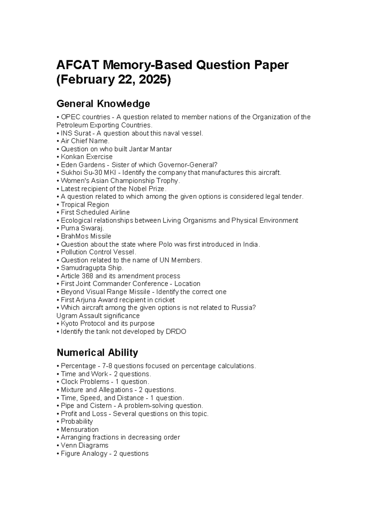 AFCAT 2025 Memory-Based Questions: General Knowledge & Numerical ...