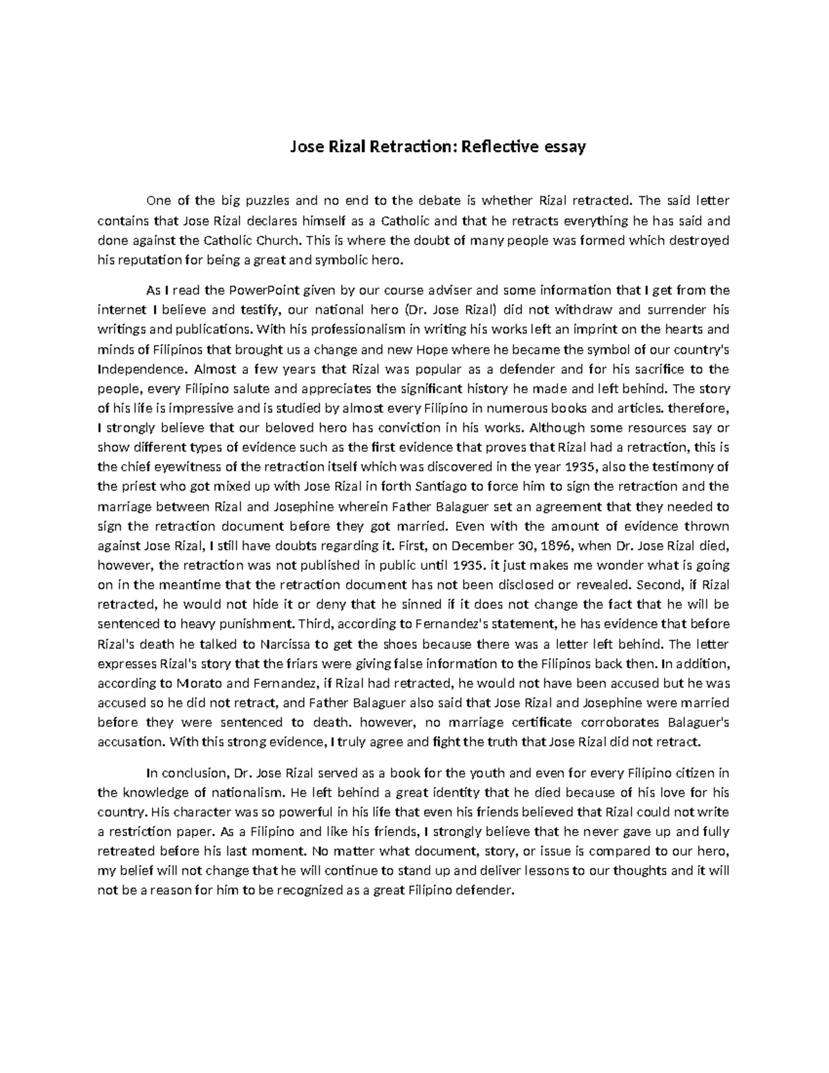 Reflection Essay - Jose Rizal Retraction: Reflective essay One of the ...