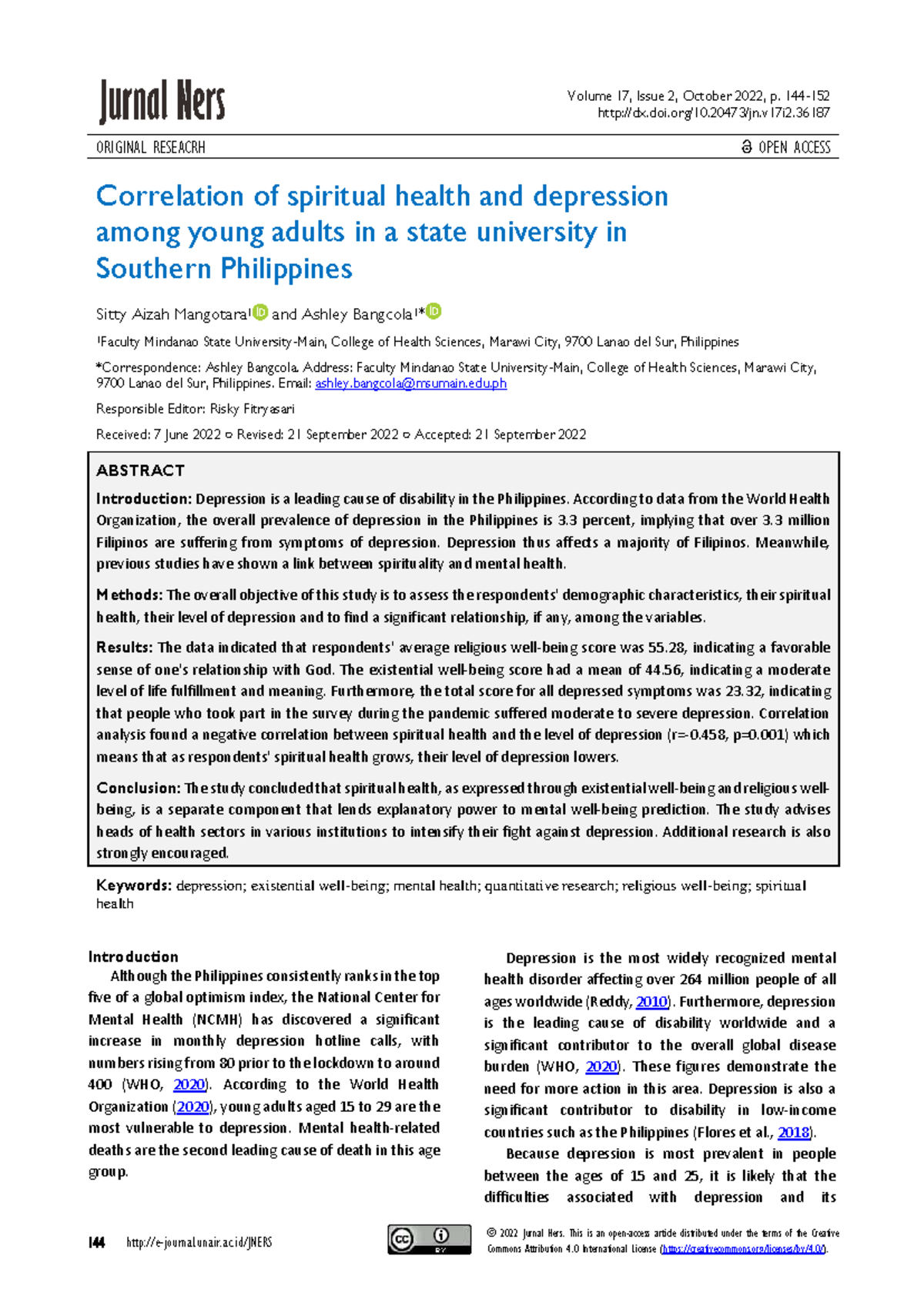Correlation of Spiritual Health and Depression Among Young Adults (PSY ...